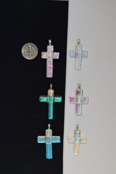 Dichroic Glass Cross Pendant 2 sizes - Unique Pewter