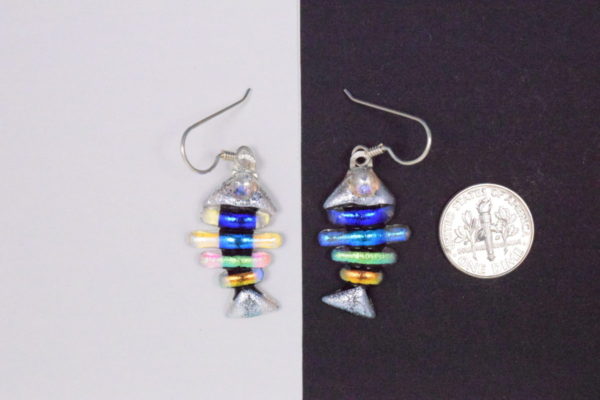 Dichroic bone fish earrings with black spine - #Unique Pewter